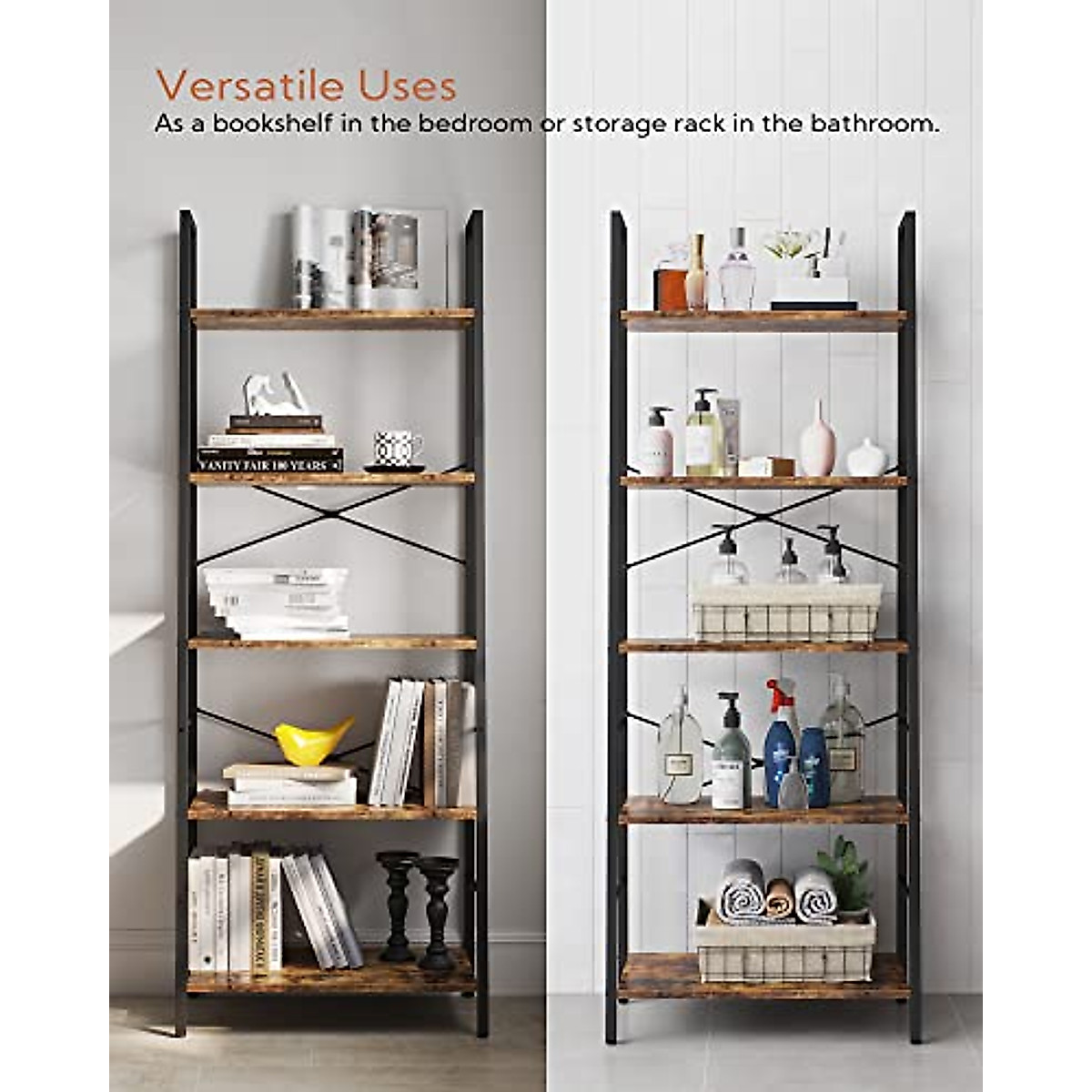 Yusong Bookshelf, Ladder Shelf 5-Tier Bookcase for Bedroom, Industrial Book Shelves Storage Rack with Metal Frame for Home Office, Rustic Brown