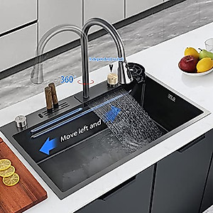 BLIOTE Stainless Steel Waterfall Kitchen Sink 30"x 18" with Knife Holder Large Single Slot Platform Upper and Lower Pot Washing Pot Set (Dark grey)