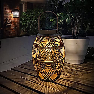 pearlstar Outdoor Solar Lanterns Light Rattan Bamboo Lamp with Handle for Hanging or Table Lamp for Patio Yard Garden Wedding Home Decoration, Edison Bulb, Auto on/Off(Style2)