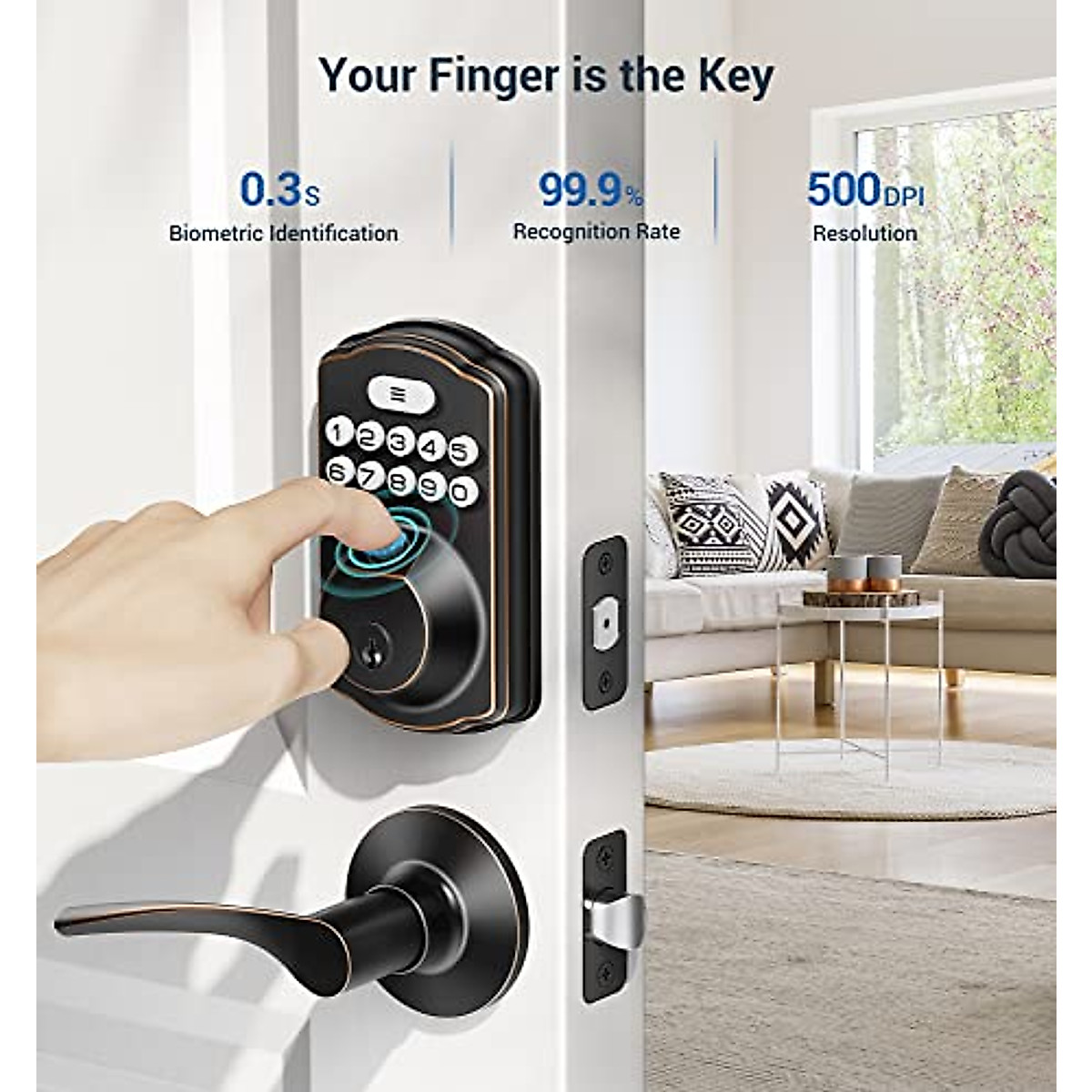 Veise Fingerprint Door Lock with 2 Lever Handles - Keyless Entry Door Lock, Electronic Keypad Deadbolt & Front Door Lock Handle Sets, Auto Lock & 1 Touch Locking, Easy Installation, Oil Rubbed Bronze