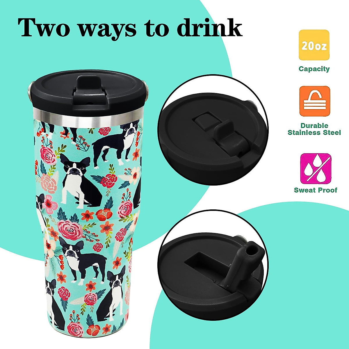 Boston Terrier Gifts Boston Terrier Tumbler with Handle and Straw, Stainless Steel Vacuum Insulated Flip Straw 30 oz Spill Proof Coffee Travel Mug Boston Terrier Lovers Gifts