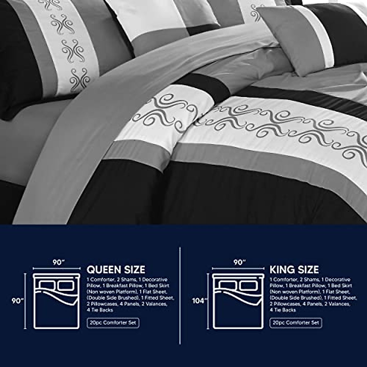 Chic Home Icaria 20 Piece Comforter Set Color Block Pinch Pleat Pintuck Design Bag Bedding, Queen, Navy