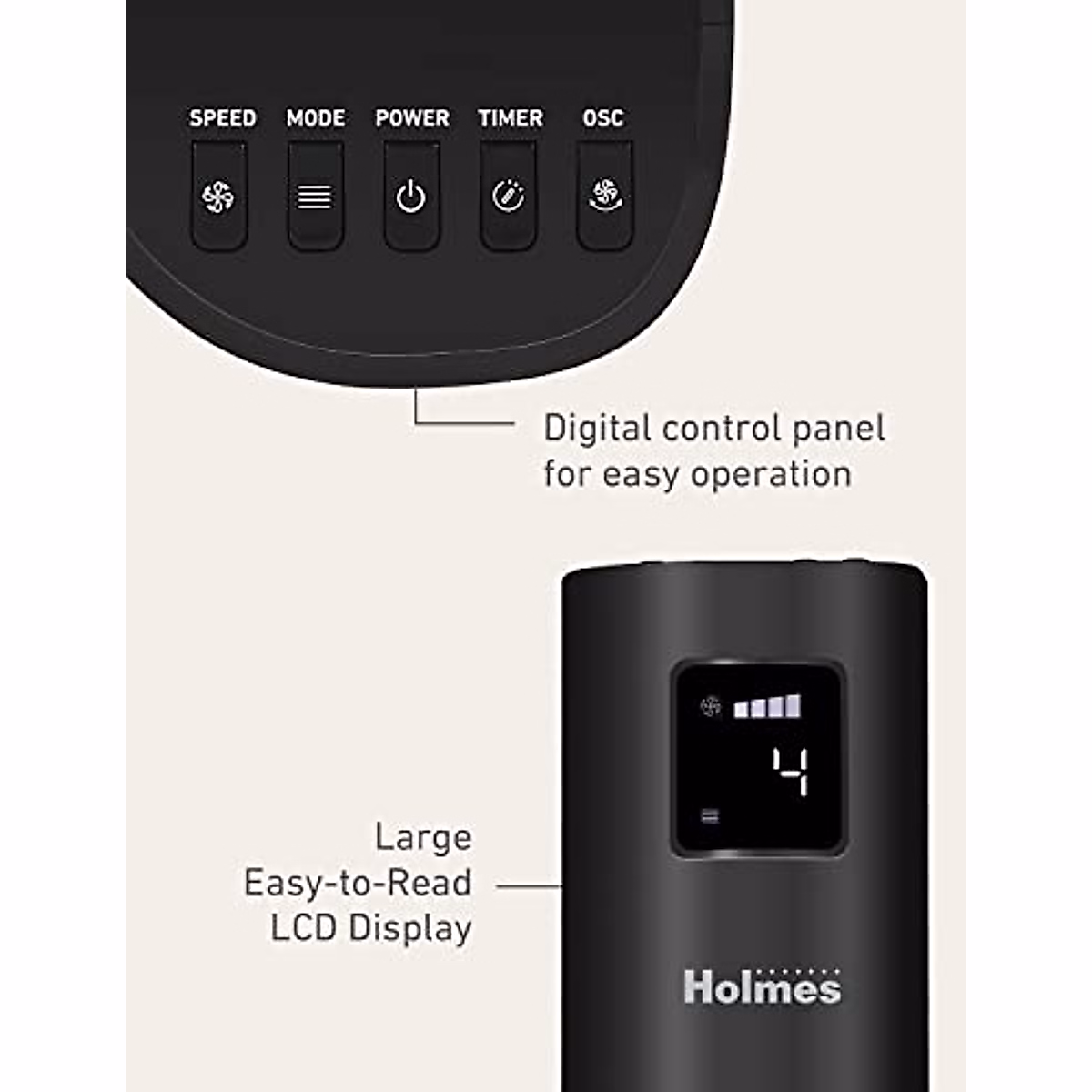 HOLMES STACK-N-CONNECT 45" Digital Tower Fan, ClearRead Display, Bonus Storage Bag, 90° Oscillation, 4 Speeds, 4 Modes, 8-Hour Timer, Home, Ideal for Bedroom or Office, Remote Control, Matte Black