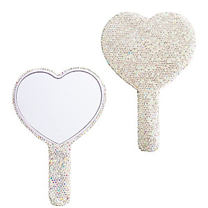 Wowagoga Sparkling Rhinestone Heart Shaped Handheld Mirror Heart Mirror Cosmetic Hand Mirror with Handle Cute Hand Mirror for Women Girls(White)