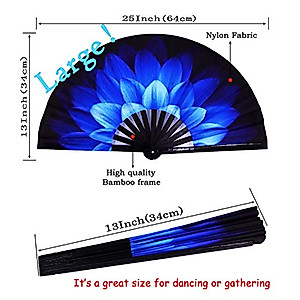 Amajiji Large Folding Fan, Rave Festival Accessories for Men/Women, Chinease/Japanese Bamboo Hand Fan, Performance Decoration Gift Dance Handheld Fan (Blue Flowers)