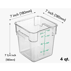 CURTA 4 Pack Food Storage Container with Green Lid - NSF Commercial Grade in 4.0 Qt - Square, Clear, Polycarbonate