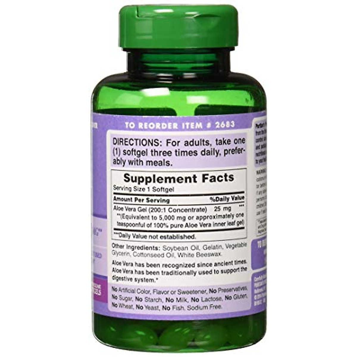 Puritans Pride Aloe Vera Extract 25mg (5000mg equivalent) Softgels, 200 Count (Packaging may vary)
