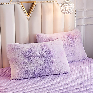 JAUXIO Luxury Abstract Faux Fur Bedding Set Tie Dye Printed Shaggy Duvet Cover with Pillow Shams Soft Crystal Velvet Reverse (Queen, Lilac)