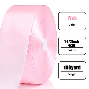 NESCCI 100 Yards Ribbon,1-1/2 Inch Pink Satin Ribbon,Single Face Satin Ribbons,Perfect for Gift Wrapping,Wedding Decoration,Handmade Bows, Wrapping Bouquet and More