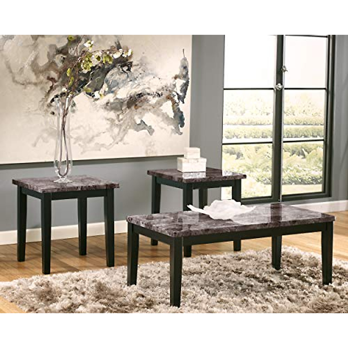 Signature Design by Ashley Maysville Faux Marble Top 3-Piece Table Set, Includes Coffee Table & 2 End Tables, Black