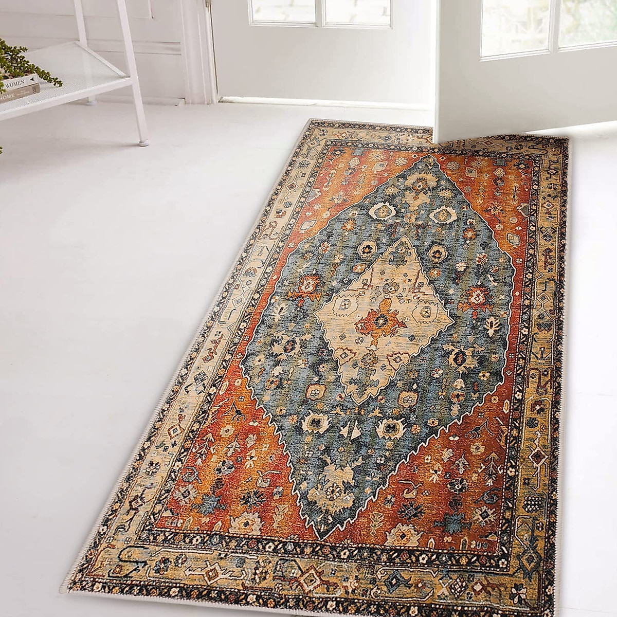 COMSLE Boho Area Rug, 2' x 4' Machine Washable Rugs for Entryway Faux Wool Small Rugs Distressed Throw Rug Non-Slip Floor Carpet for Indoor Bedroom Kitchen Living Room