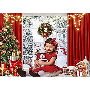 LTLYH Christmas Backdrop 10x8ft Christmas Winter Snow Red Window Photo Backdrop Xmas Holiday Photo Booth Portrait Party Banner Decor Background