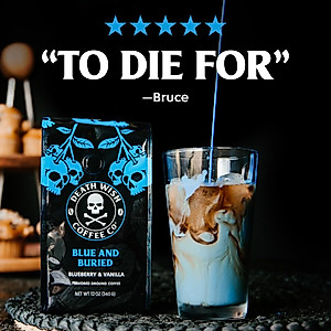 DEATH WISH COFFEE Ground Coffee - Extra Kick of Caffeine - Blue and Buried: Blueberry Vanilla Flavored Coffee