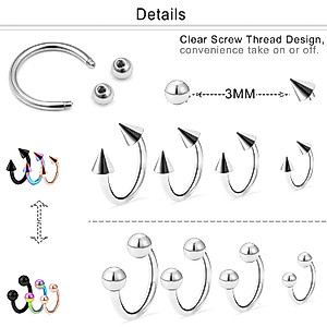 Dyknasz 32PCS 16G Variety of Sizes Horseshoe Rings Surgical Steel Nose Septum Horseshoe Hoop Earring Eyebrow Tragus Lip Rings Daith Helix Piercing Jewelry for Women Men