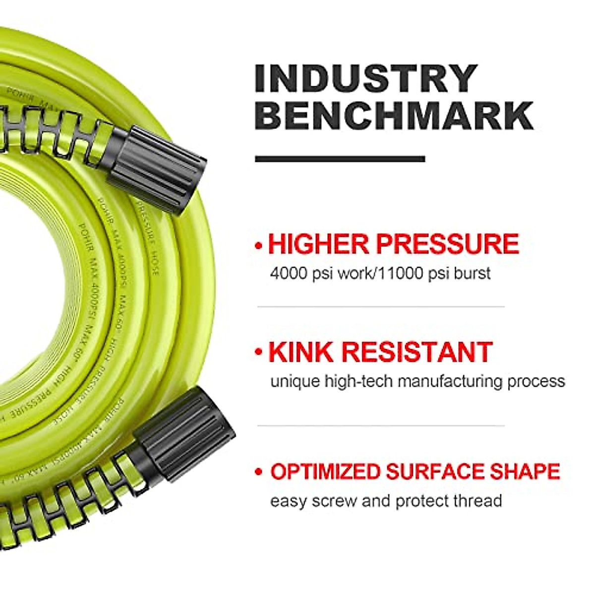 POHIR 100ft Pressure Washer Hose M22 Fittings, 4000 PSI High Pressure Replacement Hose M22 14/15mm Thread, Flexible Extension Hose with 3/8 Quick Connect Adapters for Power Washing