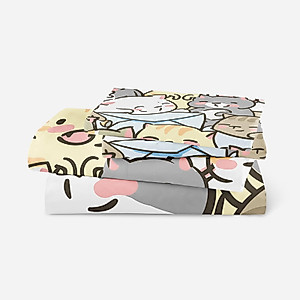 QOOMO Kawaii Cat Sheet Set,Cats Kids Bed Sheets,Cartoon Animals Printed 16" Deep Pocket Bed Sheet Set for Girls/Kids/Teens，4 Piece Sheet Set, 1 Fitted Sheet,1 Flat Sheet and 2 Pillowcases，Twin Size