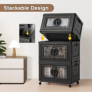 BROVIEW V9 112Gal Storage Bins with Lids, Stackable Collapsible Storage Bins with Wheels, Closet Organizers and Storage, Folding Plastic Cabinet with Doors for Home Office Garage, 4Pack Black