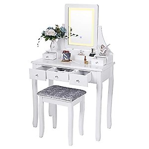 BEWISHOME Vanity Set with Lighted Mirror Dimming, Touch Screen Switch & Cushioned Stool Dressing Table Makeup Vanity Makeup Table 5 Drawers 2 Dividers Removable Organizers, Vanity Desk White FST07W