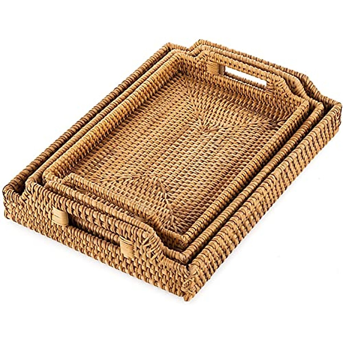 Rattan Serving Tray with Handles Hand Woven Wicker Tray Rattan Tray Rustic Decorative Tray Ottoman Tray Kitchen Organizer (Set of 3 Rectangle)