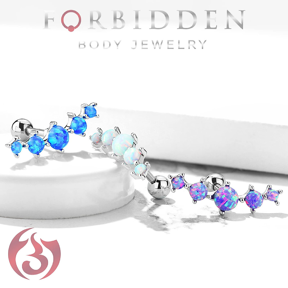 Forbidden Body Jewelry 16g Synthetic Opal Stone Curved Surgical Steel Cartilage/Helix Earring (5-Stone Wh)