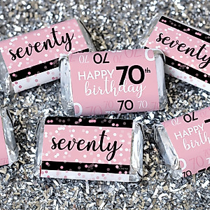 DISTINCTIVS Pink, Black, and White 70th Birthday Party Mini Candy Bar Wrappers - 45 Count, 70th Birthday Decorations for Women