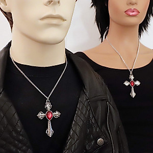 Medieval Renaissance Cross with Red Stone Silver Finish Pendant Necklace