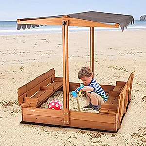 Kids Wooden Outdoor Sandbox w/Canopy, 2 Foldable Bench Seats, Retractable Roof Sand Protection Liner 47x47-Inch