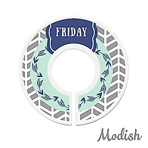 Modish Labels, Weekly Clothes Organizer, Days of The Week Closet Organizer System, Daily Closet Organizer, Closet Dividers, School Clothes Dividers (Navy Mint Arrows)