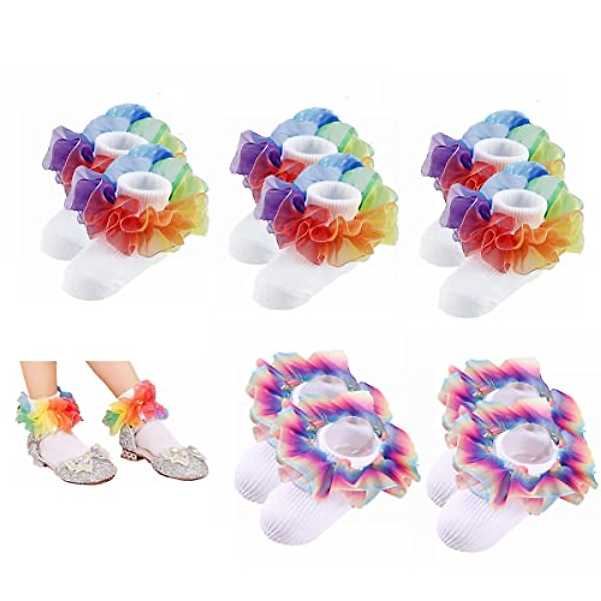Hopply Baby Girls Ruffle Rainbow Socks Toddler Princess Ankle Lace Socks Infant Kids Big Double Lace Frilly Trim Dress Socks