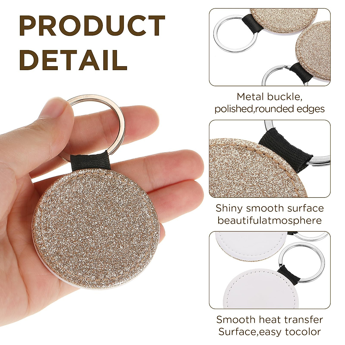 Equsion 16 Pcs Sublimation Blanks Keychain Glitter PU Leather Keychain Heat Transfer Keyring for DIY Crafts Making (Round)