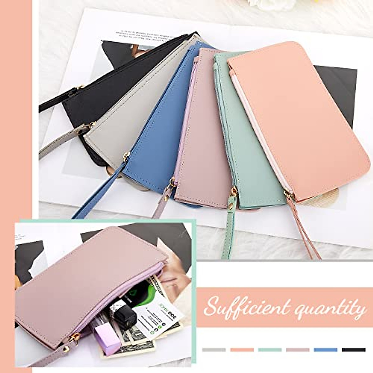 Dunzy 6 Pcs Bridesmaid Clutch Bag Wristlet Wallet for Women Slim Pouch Purse Zipper Handbag with Strap 6 Colors Bags for Phone Travel Wedding Evening Women Bridesmaid Gifts