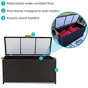 Sunnydaze 75-Gallon Faux Wicker Outdoor Deck Storage Box with Acacia Wood Handles - Hinged Lid - Black