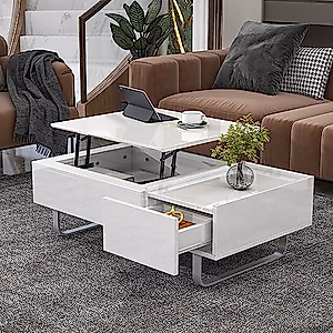 Merax Multi-Functional Coffee Table with Lifted Tabletop and Metal Frame Legs, High-Gloss Surface, for Living Room, 45.3 inch Length, White