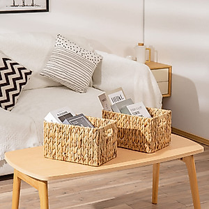 ELONG HOME Water Hyacinth Wicker Baskets, Rectangular 12" Wicker Basket 2 Pack, Wicker Basket for Shelves, Woven Storage Baskets with Handles