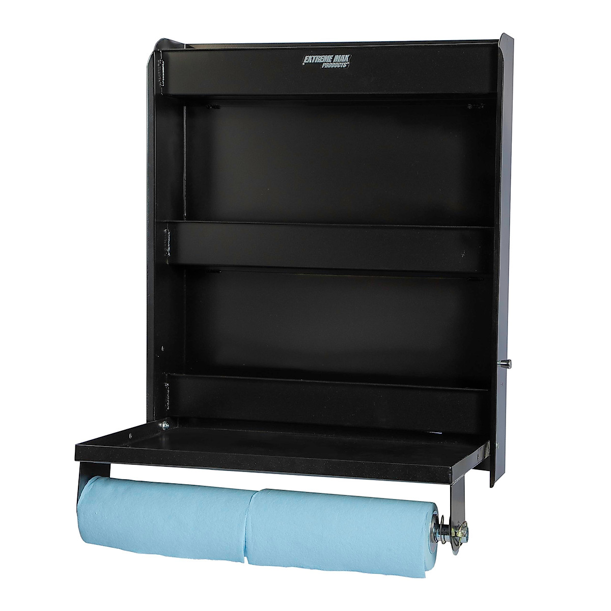 Extreme Max 5001.6037 Aluminum Work Station Storage Cabinet w/Flip-Out Work Tray & Paper Towel Rack Organizer for Enclosed Race Trailer, Shop, Garage, Storage - Black