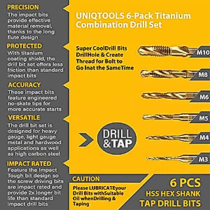 6pcs 1/4 inch Titanium Combination Drill and Tap Bits Set Screw Tapping Bit Tool for Tapping Metric (M3-M10) Drilling Tapping and Countersinking HSS4341 Steel