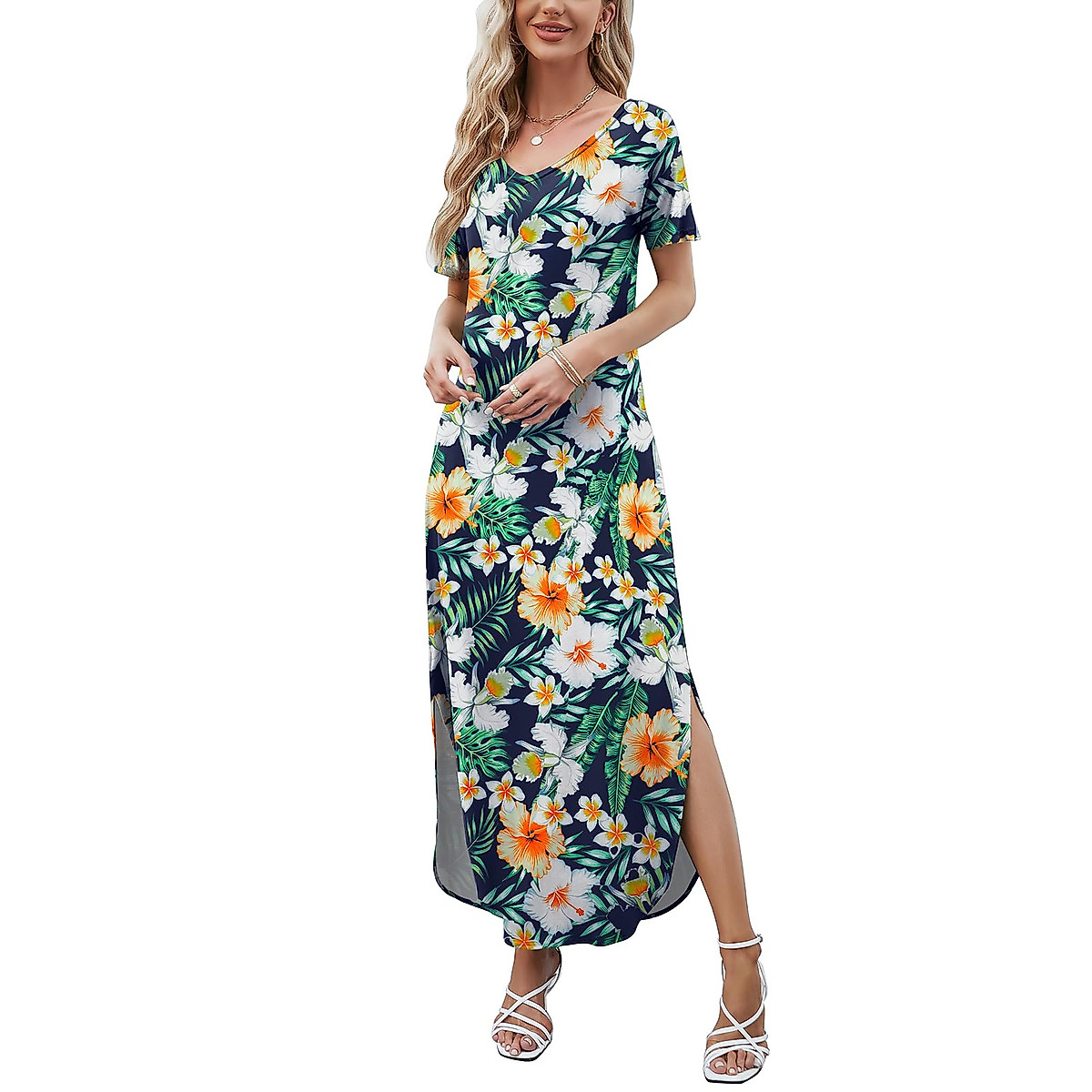 HUSKARY Sun Dresses for Women 2025 Vacation Summer Beach Vacation Flowy Derss Floral Print Boho Dresses with Pockets 2025 Boho Navy XX-Large