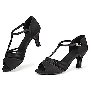 JUODVMP Women T-trap Latin Dance Shoes Satin Ballroom Performance Salsa Tango Black Dance Shoes Model WX2,7cm,6.5 US