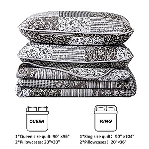 Mybedsoul Grey Boho Quilt Set Queen Size,3 Pieces Plaid Floral Bedspread Coverlet Set for All Season,Patchwork Reversible Bedding Set Queen 90"x96"