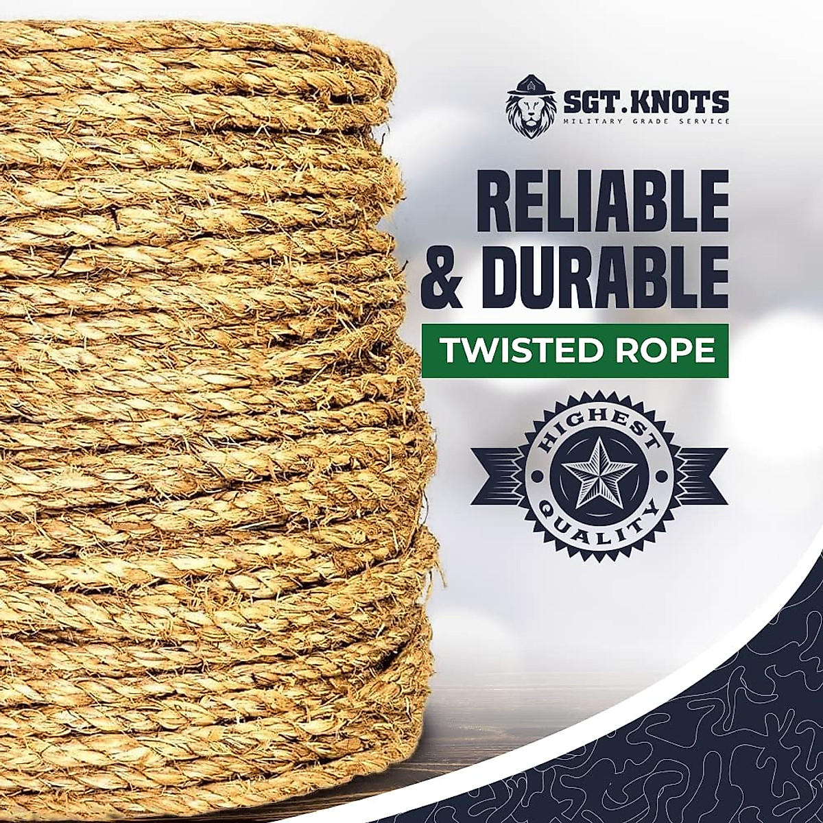 SGT KNOTS Twisted Manila Rope - Natural 3 Strand Fiber Hemp Rope for Indoor and Outdoor Use - Multipurpose Manila Rope for Crafts, DIY Projects, Home Decorating, Climbing - 1/2 in x 10 ft