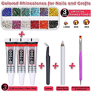 Rhinestones Adhesive Glue for Fabric, 2100Pcs 12 Color Craft Rhinestones Flatback with B7000 Glue Adhesive, Glass Gemstones with Tweezers for Craft, Jewelry, Makeup, Cloth Shoes and Nail Art