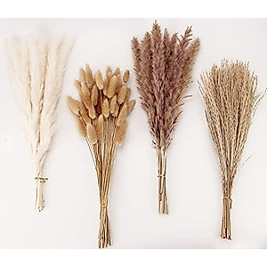 Dried Pampas Grass Decor, 100 PCS Pampas Grass Contains Bunny Tails Dried Flowers, Reed Grass Bouquet for Wedding Boho Flowers Home Table Decor, Rustic Farmhouse Party (White and Brown)
