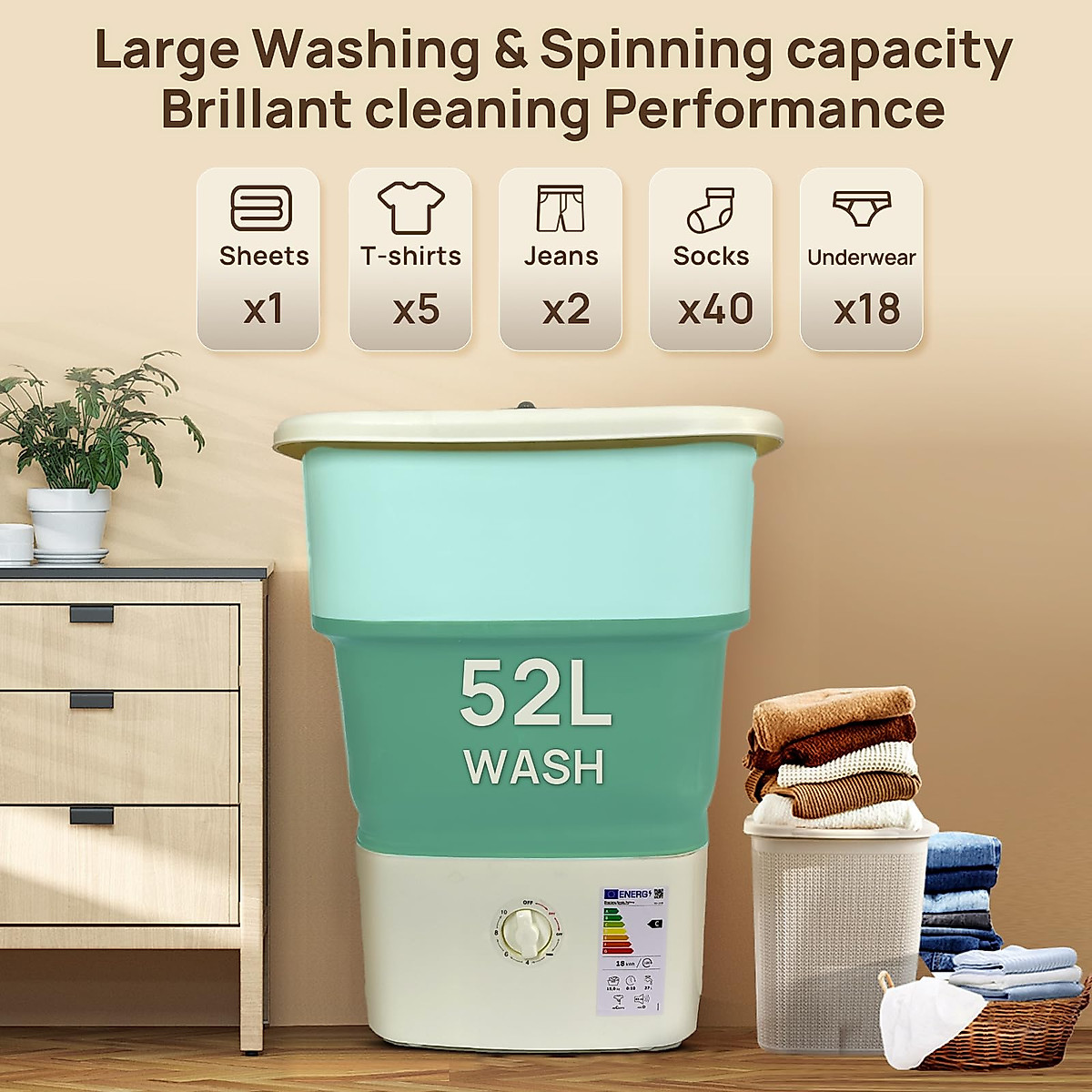 ZLDYPINK Portable Washing Machine 52L, 16lbs Large Capacity Collapse Washing Machine with Drain Basket, Purple Light Cleaning Foldable Washer for Adult Clothing, Dorms, Apartments, RVs