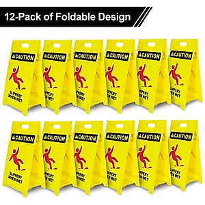 8 NET 12-Pack Caution Wet Floor Sign with Graphic, 19’’ height, durable corrugated plastic, double-sided English/Spanish Wet floor Caution Stand for indoors and outdoors, Avoid Fall & Slip Accident
