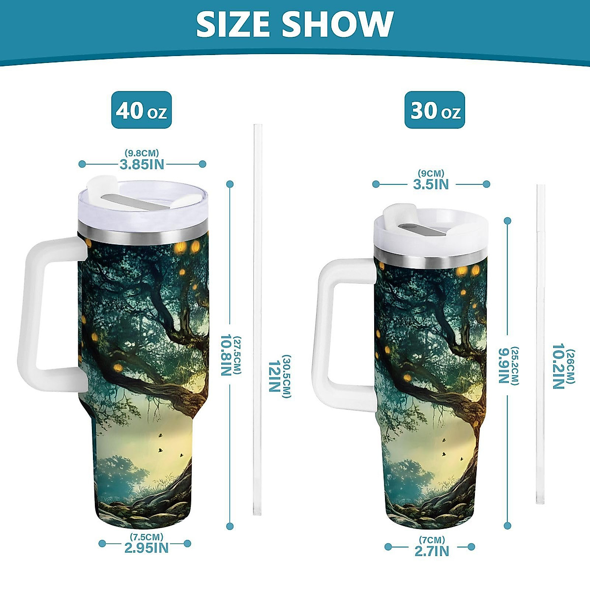 Jihqo Fairy Tales Glowing Tree 40 oz Stainless Steel Vacuum Insulated Tumbler with Handle and Straw Lid, Leakproof Water Bottle Double Wall Travel Mug Coffee Cup, Cupholder Friendly