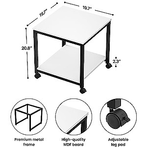 Homieasy Mobile 20 Inch Square End Table, 2-Tier Mini Fridge Printer Stand with Lockable Wheels, Metal Wood Accent Modern Simple Industrial Style Side Table for Living Room Bedroom, White