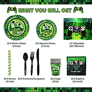 Green Video Game Party Supplies - 201Pcs Gamer Gaming Party Decoration For Boys Birthday Party - Table Cover, Plates, Cups, Napkins, Utensils, Hanging Swirls, Birthday Banner, Cupcake, Topper Cake Topper & Balloons Serves 16 Guests