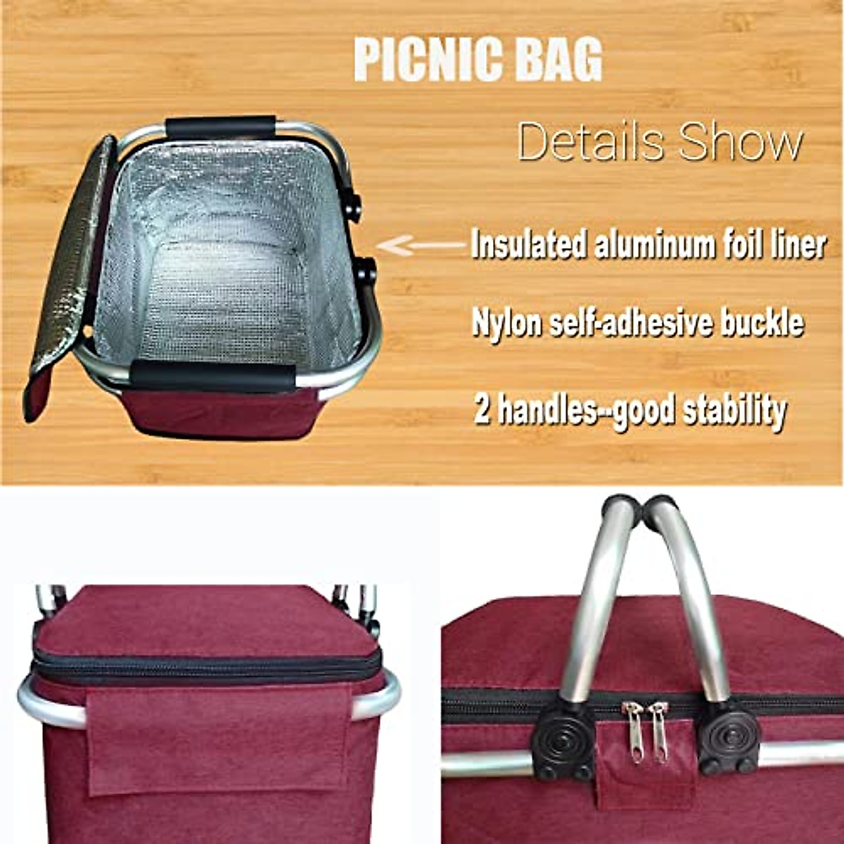 2 Pack Collapsible Insulated Picnic Basket Cooler with Handle & Zipper, H.lanlx Reusable Large Cooler Bag for Travel Shopping Camping. Black & Red 20L