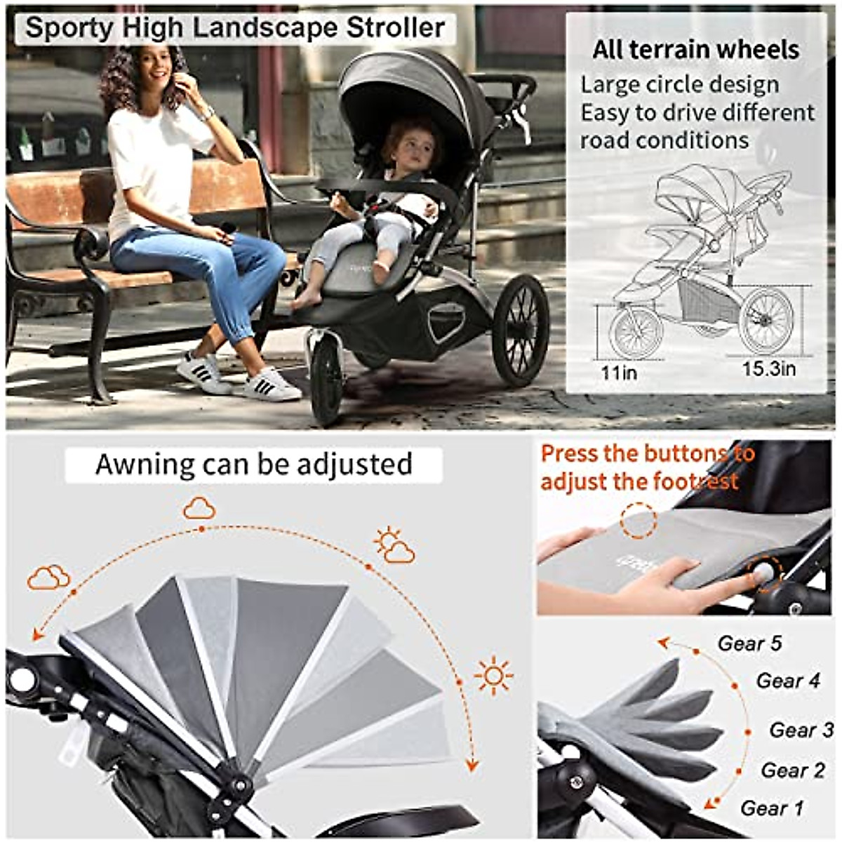 Baby Jogging Stroller for Toddler Kids Compact Single City Jogger Strollers All Terrain Jog 3 Wheels Pushchair Expedition with Parent Console (Grey)