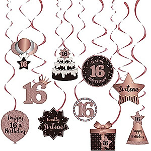 Happy 16th Birthday Hanging Swirls Streams Ceiling Decorations, Celebration 16 Foil Hanging Swirls with Cutouts for 16 Years Old Rose Gold Birthday Party Decorations Supplies